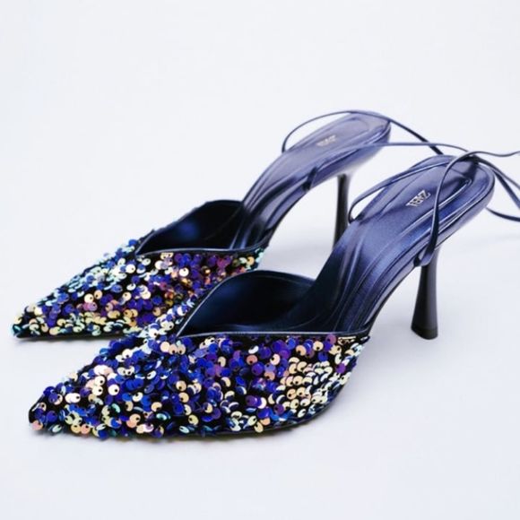 Zara | Shoes | Zara New Blue Sequin Lace Up Pointed Toe Heeled ...
